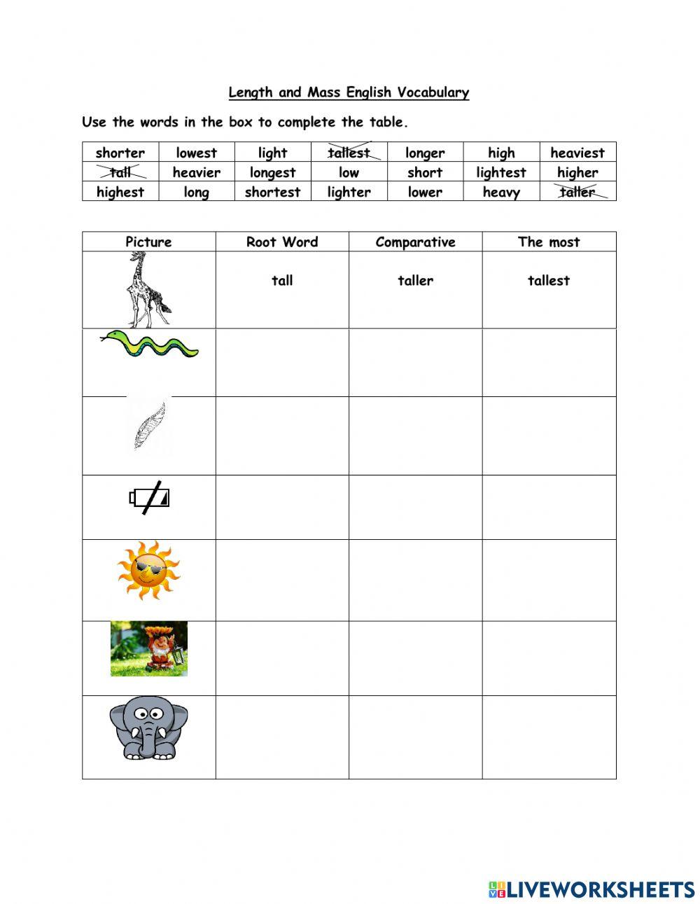 Length and mass English vocabulary worksheet | Live Worksheets