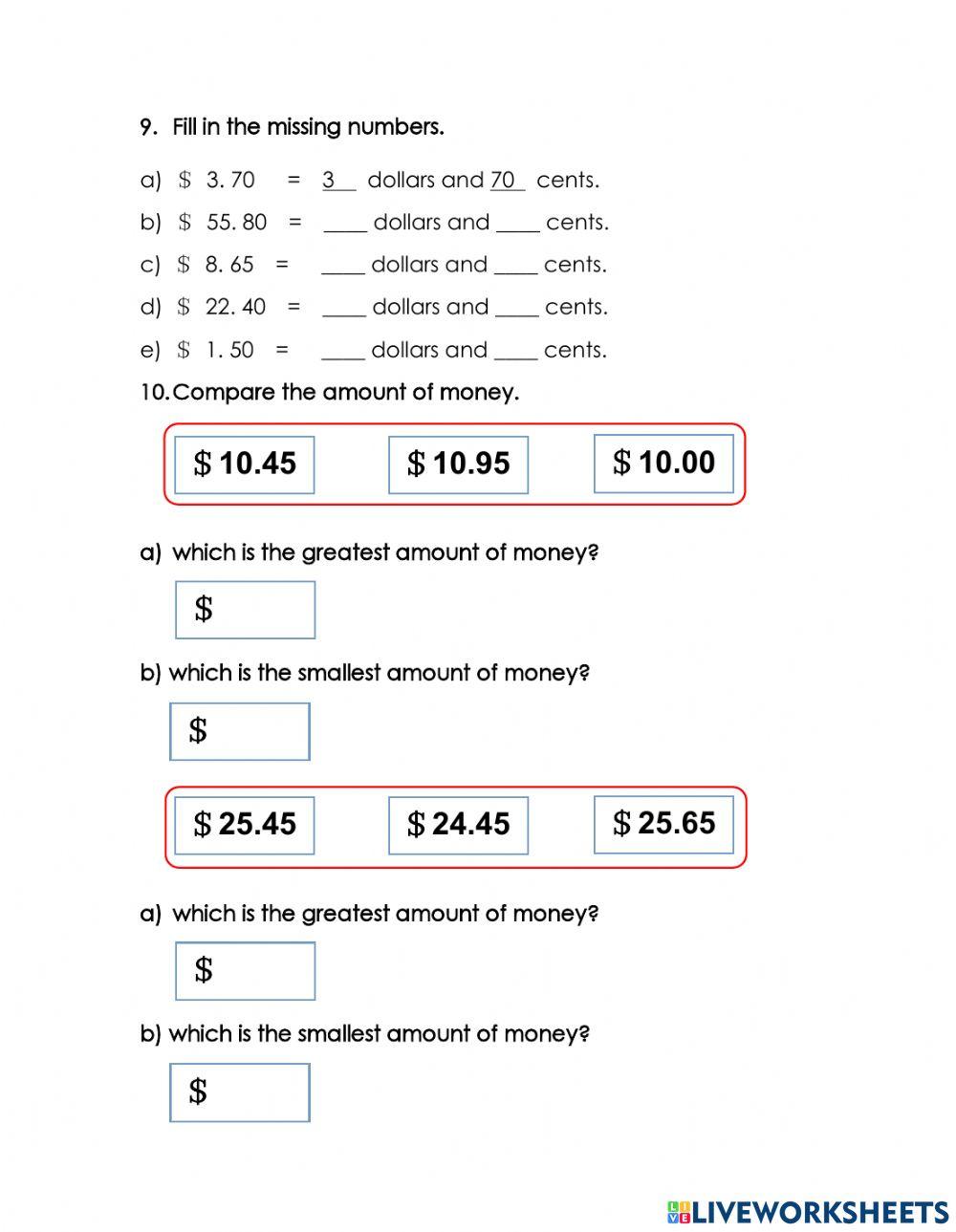 Money online exercise for 2 | Live Worksheets