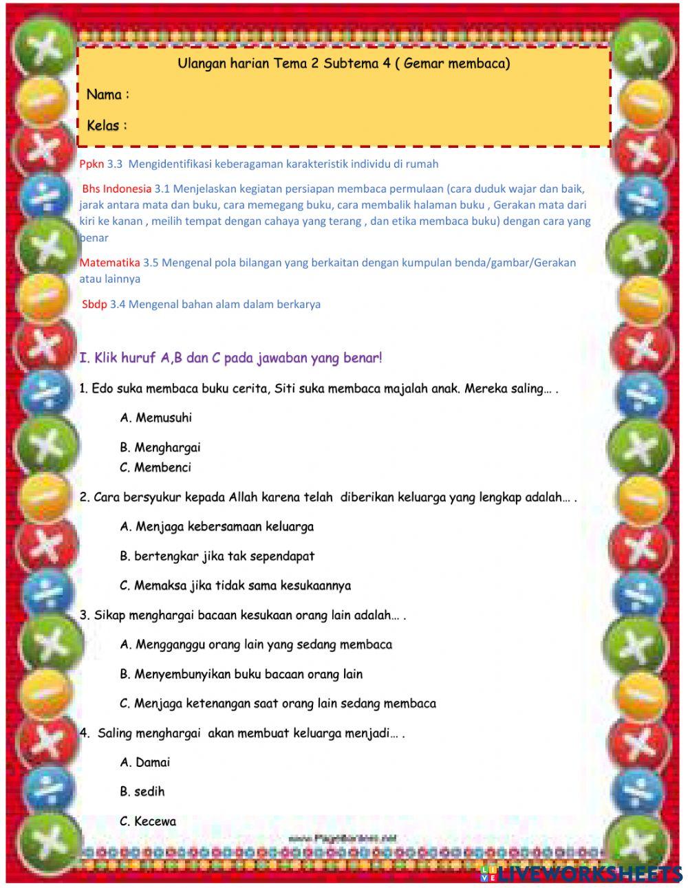 Ulangan harian tema 2 st 4 worksheet | Live Worksheets