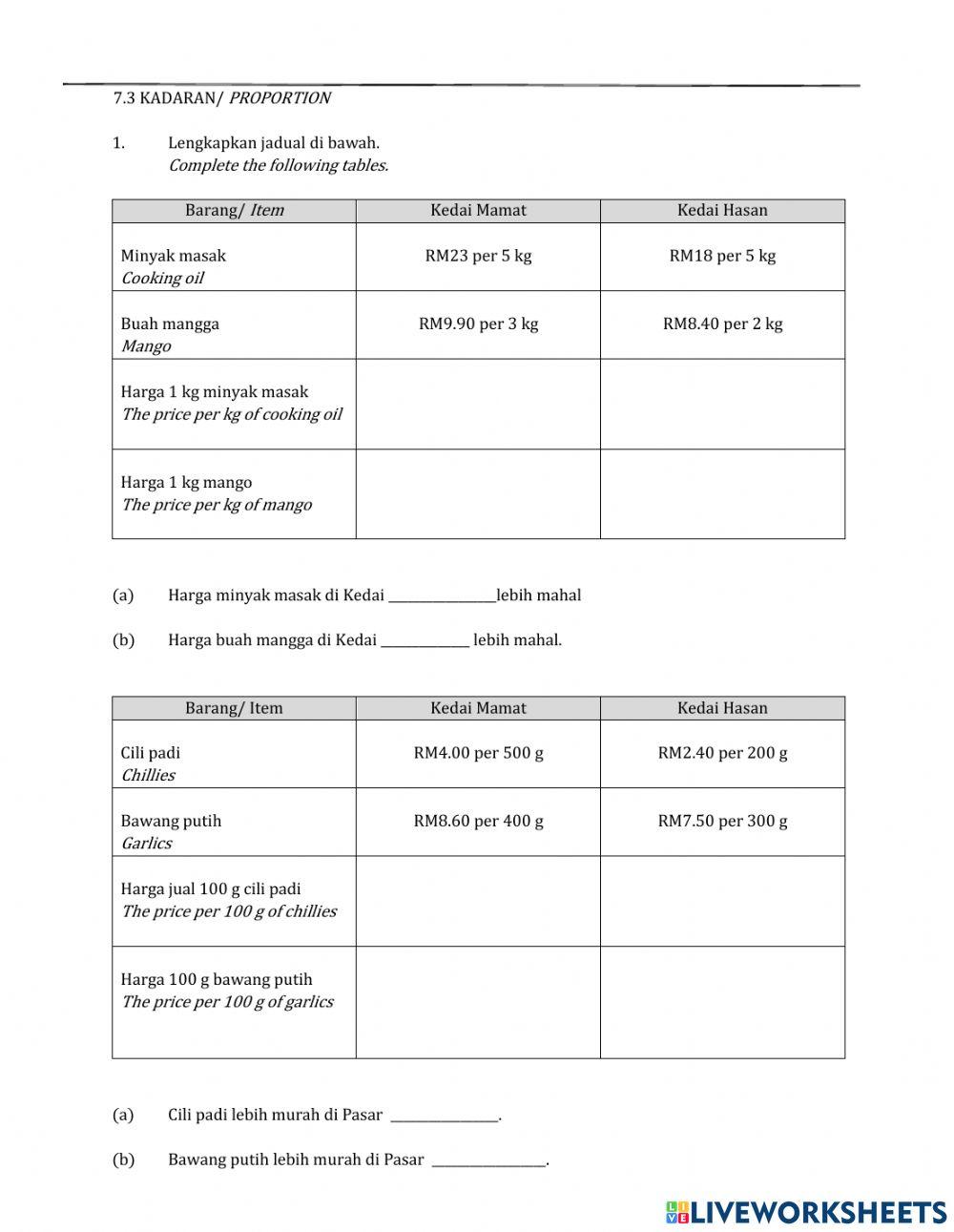 Kadaran- proportion worksheet | Live Worksheets