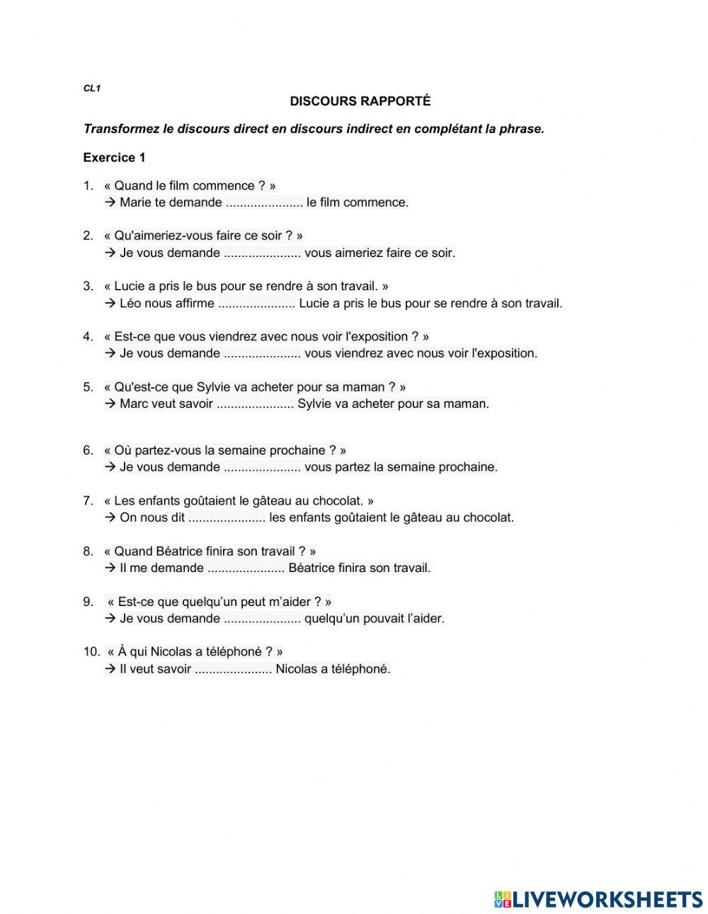 Discours rapporté interactive worksheet | Live Worksheets