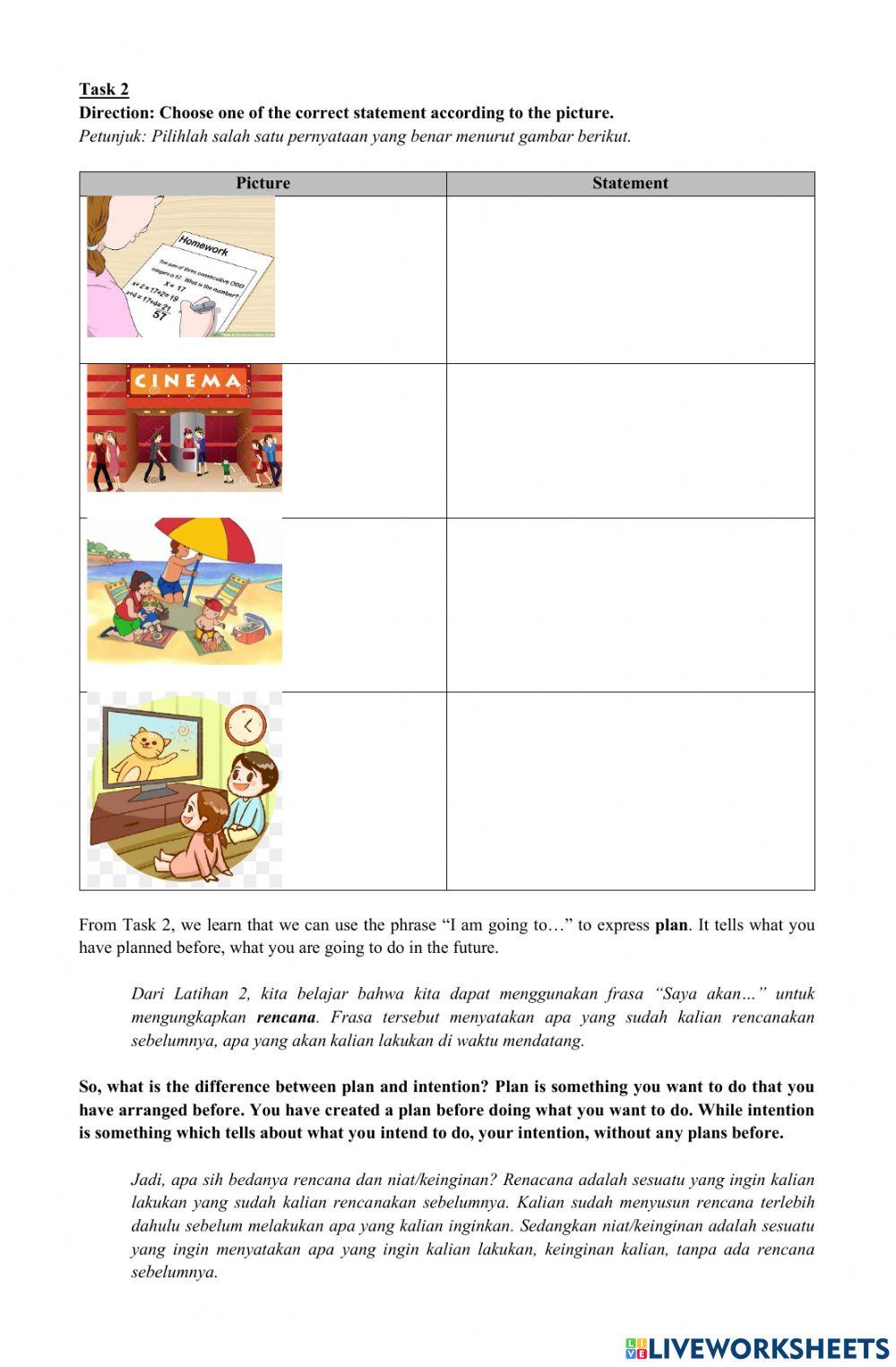 1412820 | Plan and Intention | raniargi | LiveWorksheets