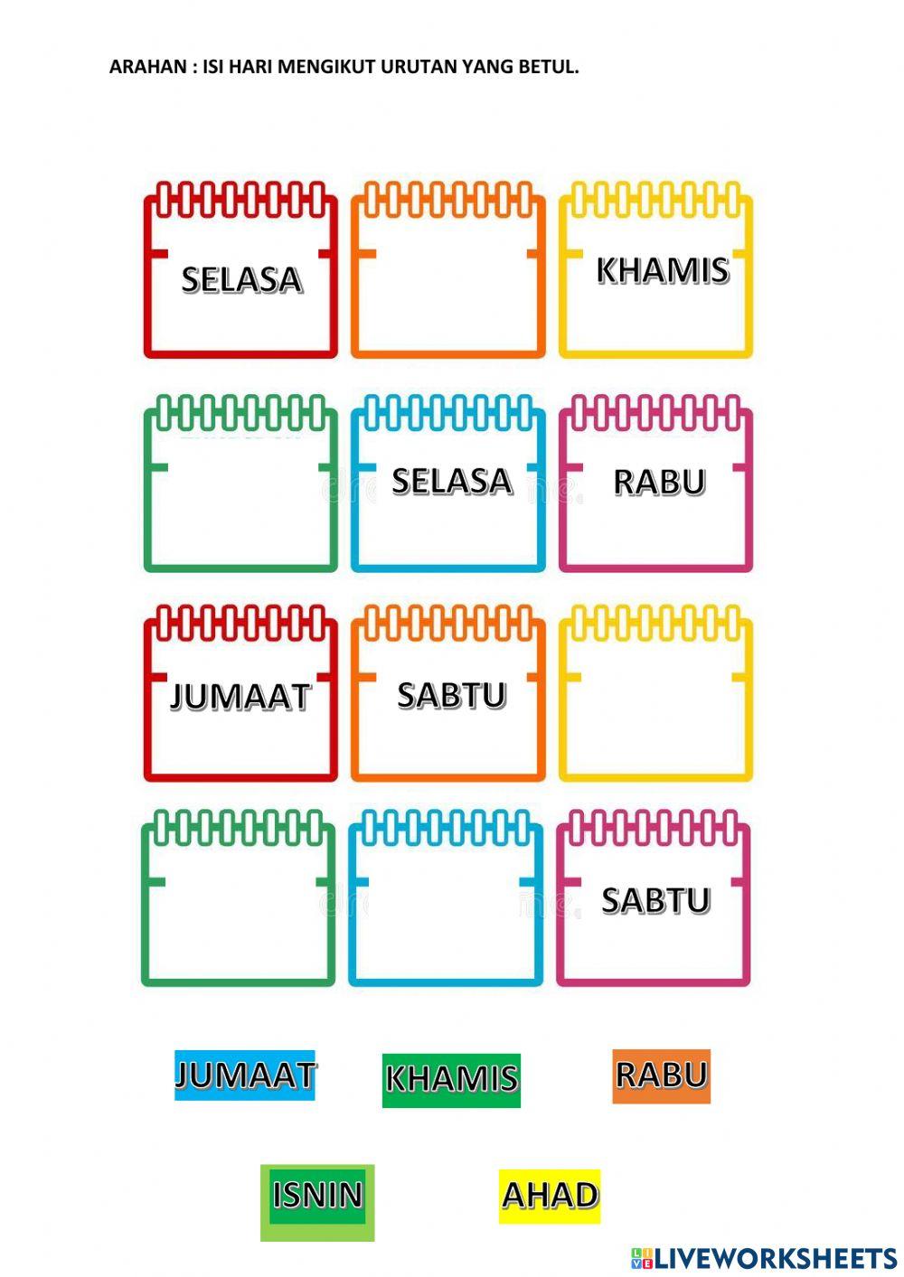 Mengenal hari dalam seminggu worksheet | Live Worksheets