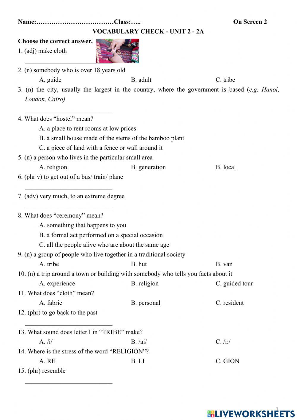 On Screen A2 - Unit 2 - 2a - Vocab check online exercise for | Live ...