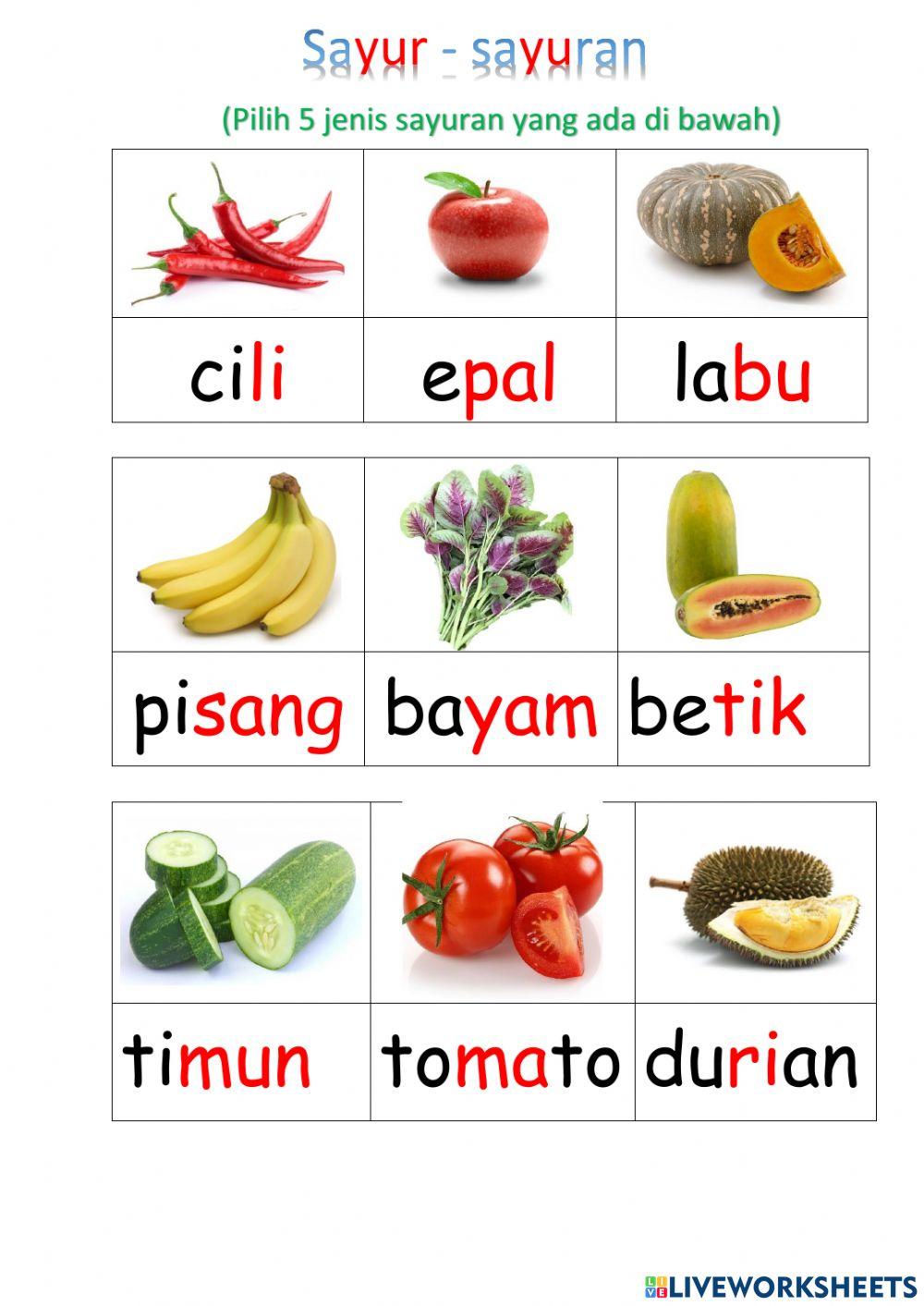 Sayur - sayuran interactive worksheet | Live Worksheets