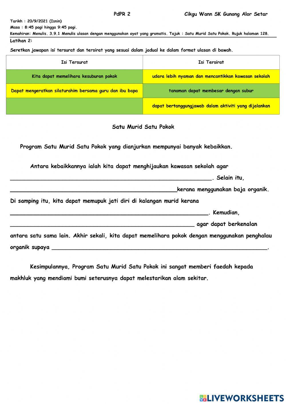 Latihan 2 : Menulis Format Jawapan Ulasan worksheet | Live Worksheets