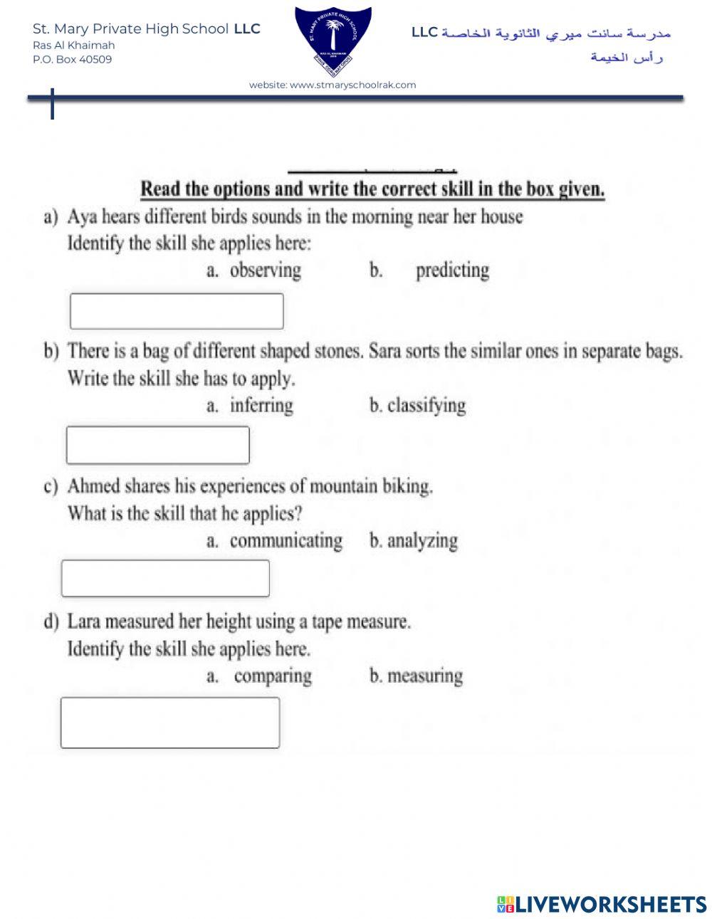 SCIENCE PROCESS SKILLS2 online exercise for | Live Worksheets