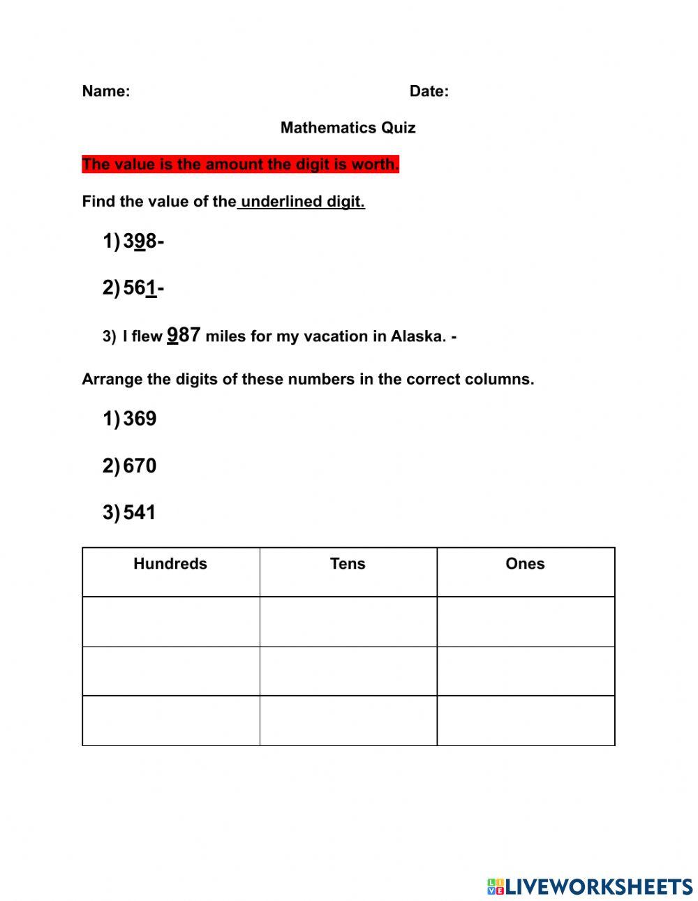 Place Value online exercise for 3 | Live Worksheets