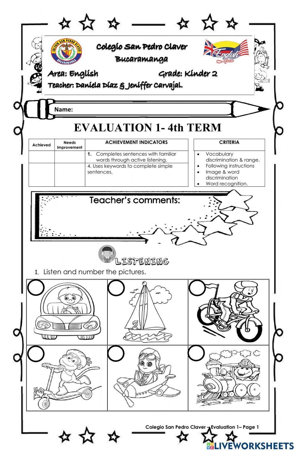 Kinder 2 evaluation 1 guide 4 worksheet | Live Worksheets