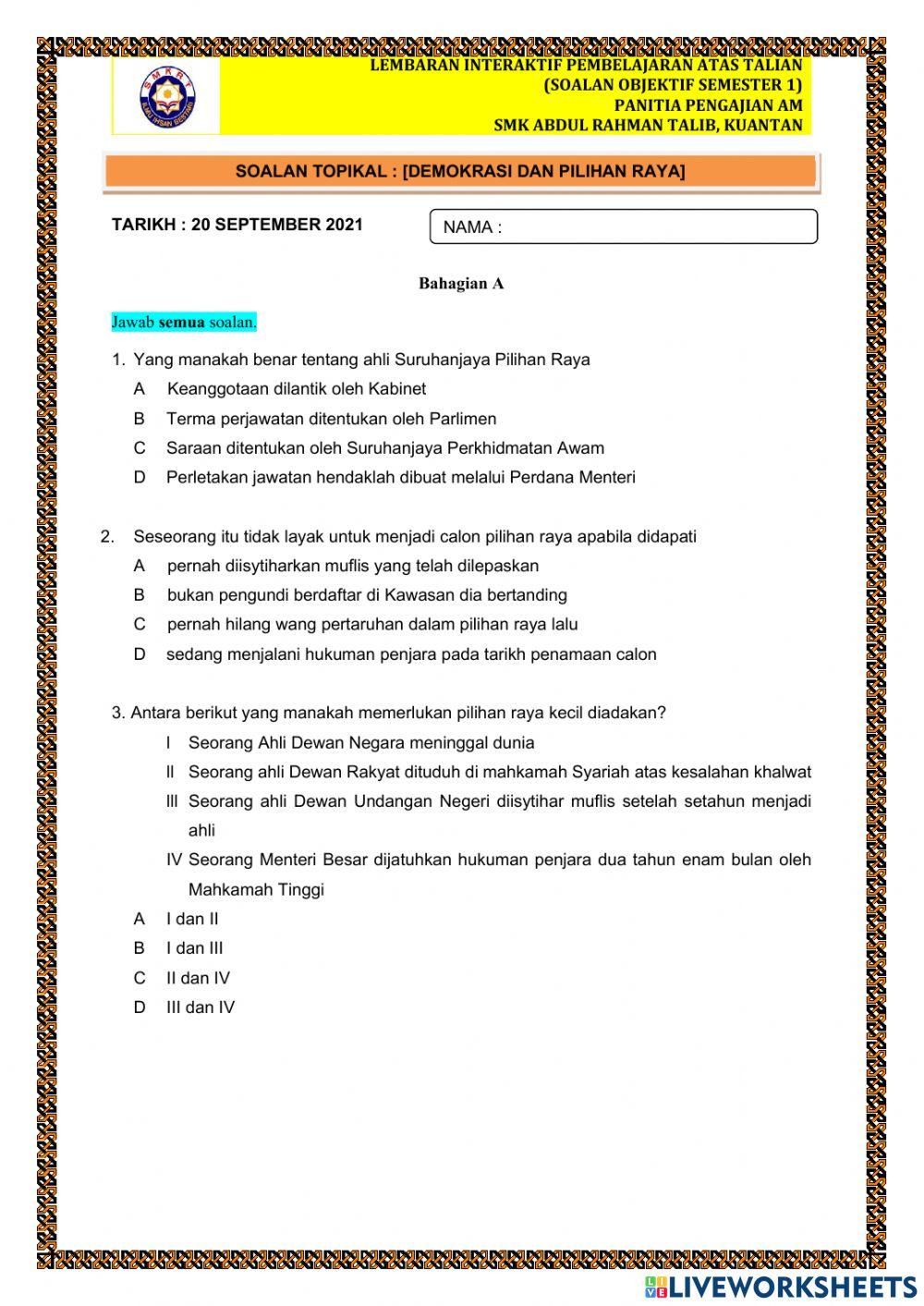 Demokrasi dan pilihan raya worksheet | Live Worksheets