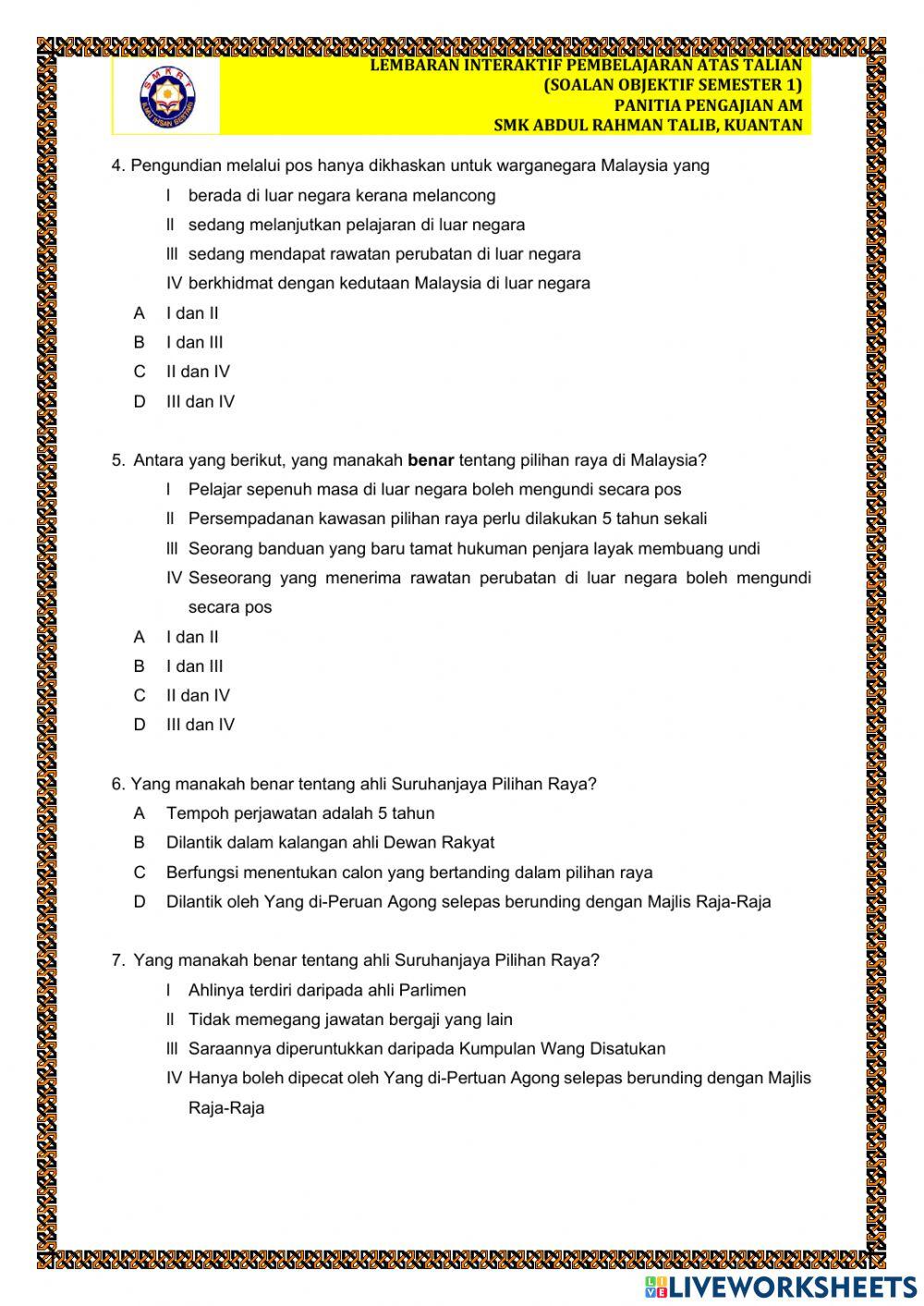 Demokrasi dan pilihan raya worksheet | Live Worksheets