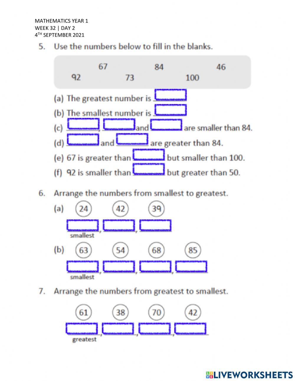 YEAR 1 - COMPARE AND ARRANGE NUMBERS UP TO 100 0240