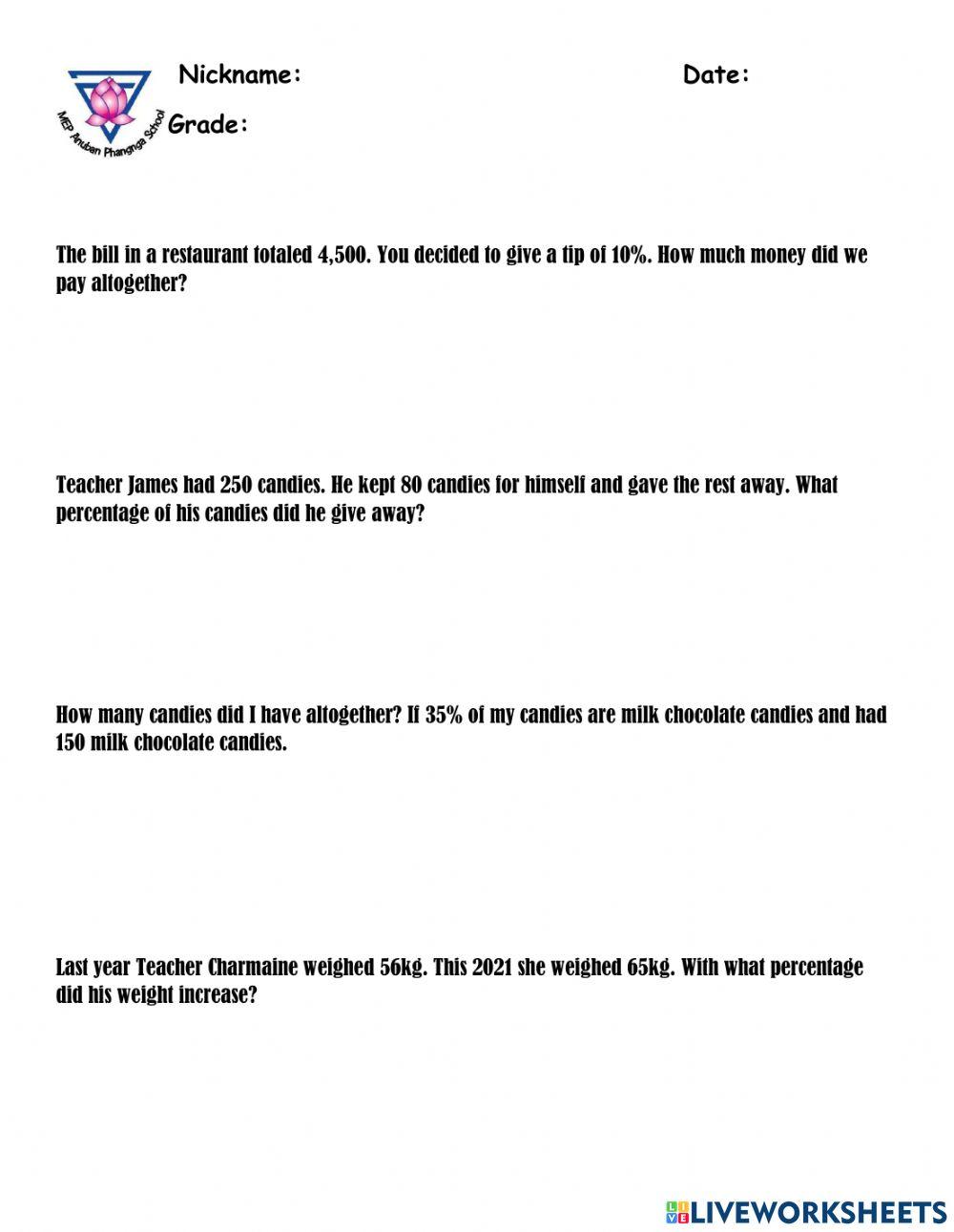 Percent online exercise | Live Worksheets