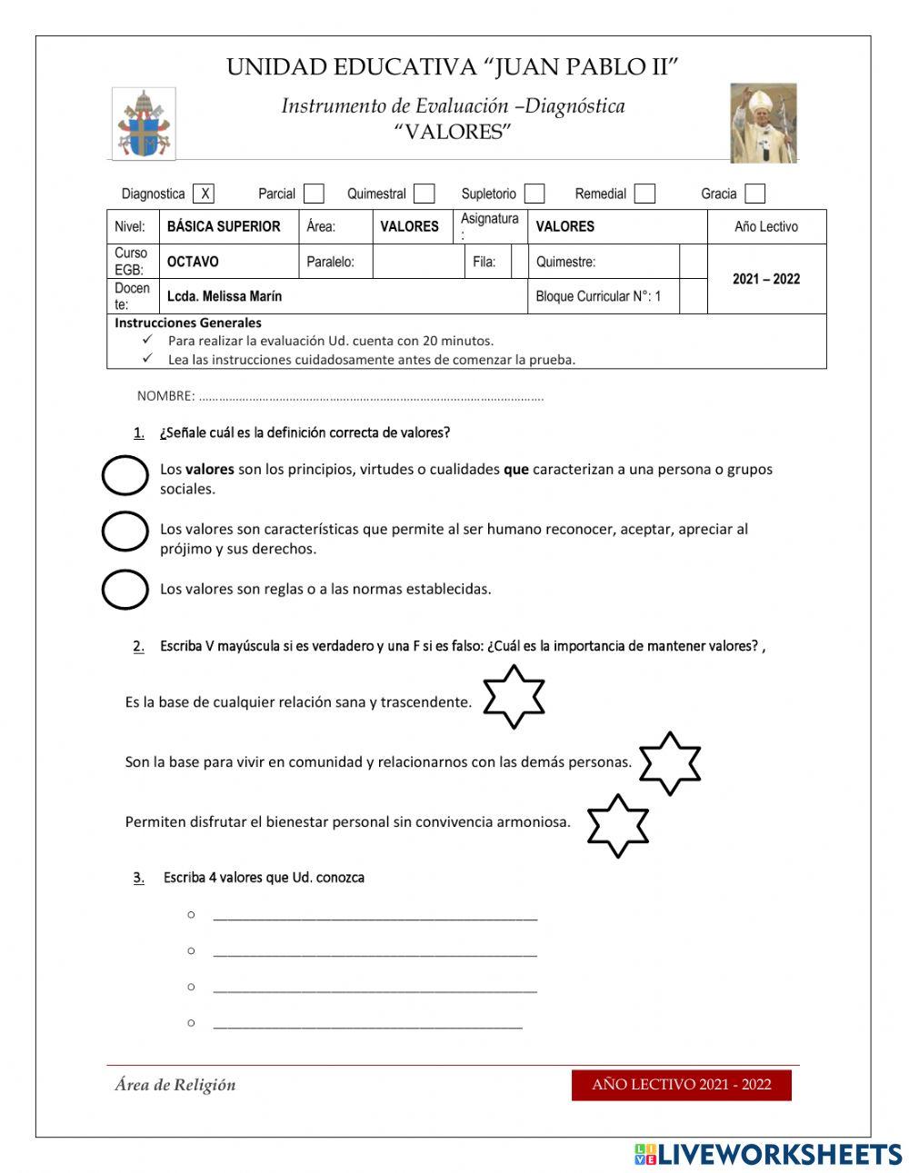Valores octavo worksheet | Live Worksheets