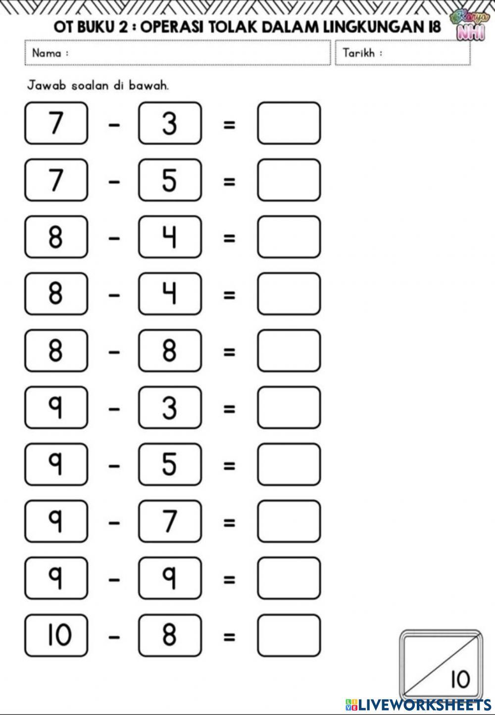Operasi tolak online exercise for PRASEKOLAH | Live Worksheets
