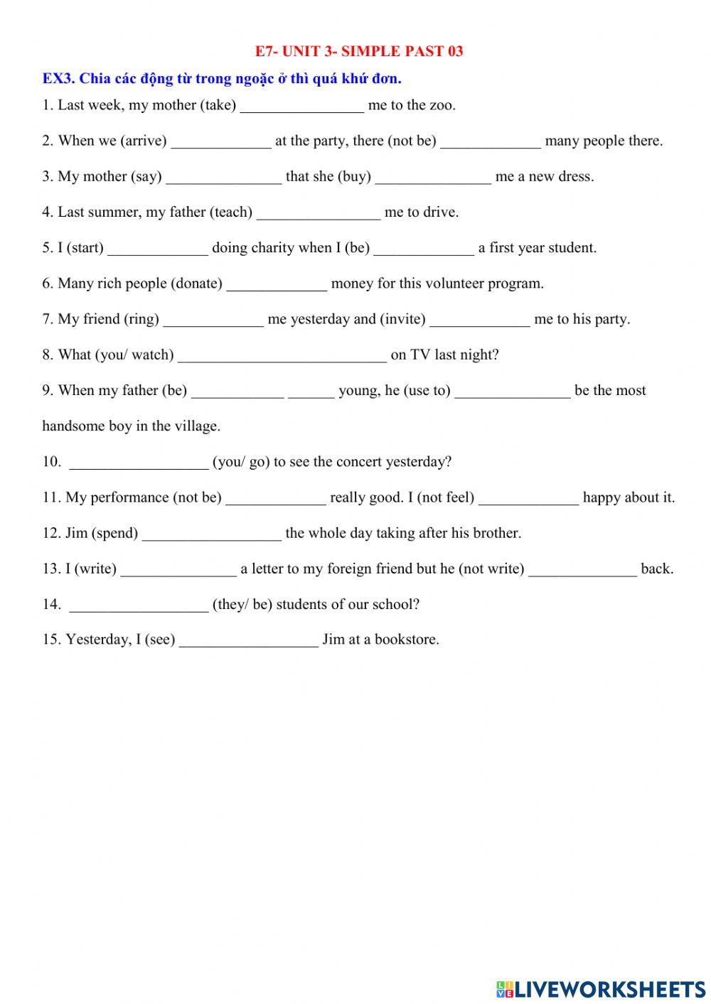 E7- unit 3- ex3 simple past worksheet | Live Worksheets