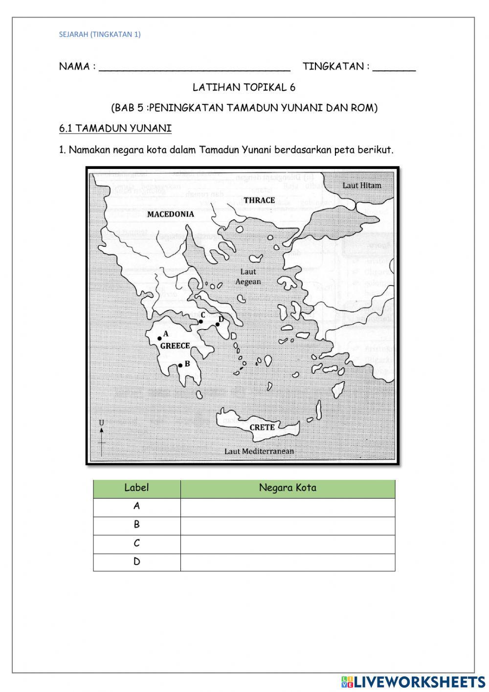 Bab 6: Peningkatan Tamadun Yunani & Rom worksheet | Live Worksheets