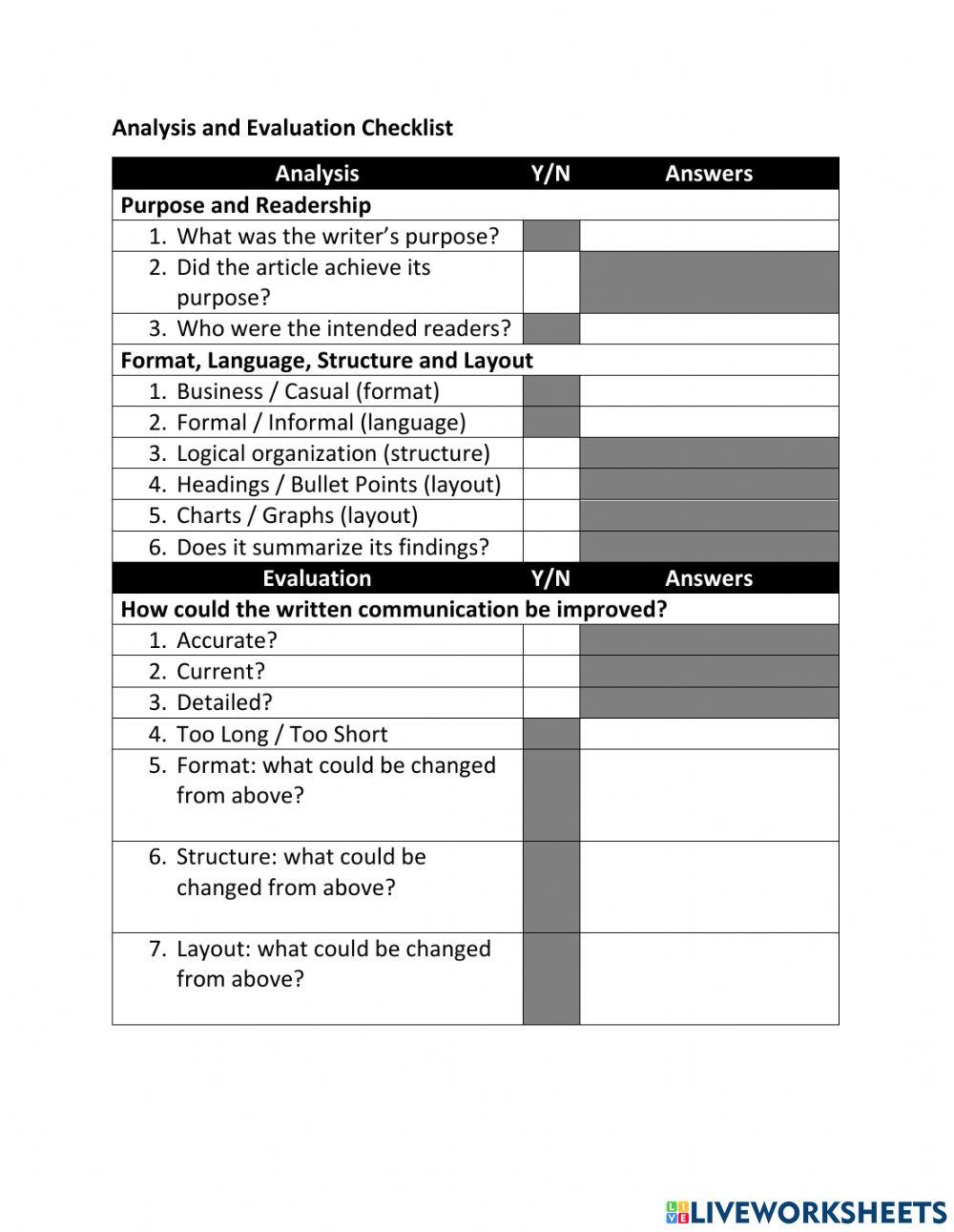 WC Analysis and Evaluation Checklist worksheet | Live Worksheets