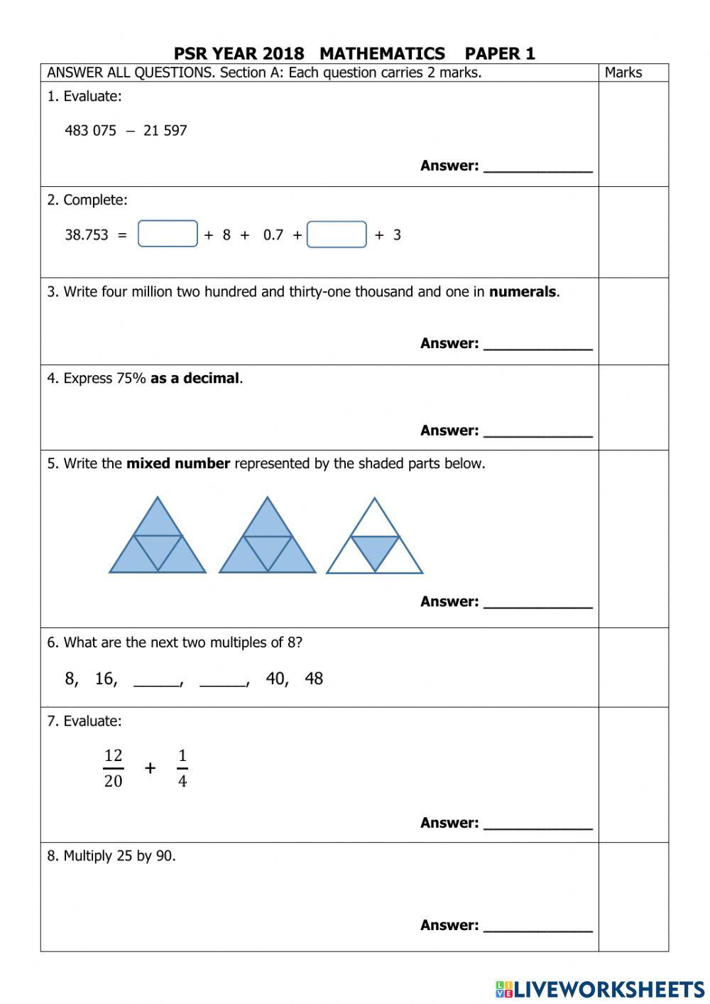 psr paper 1 2018 | Free Interactive Worksheets | 3822343