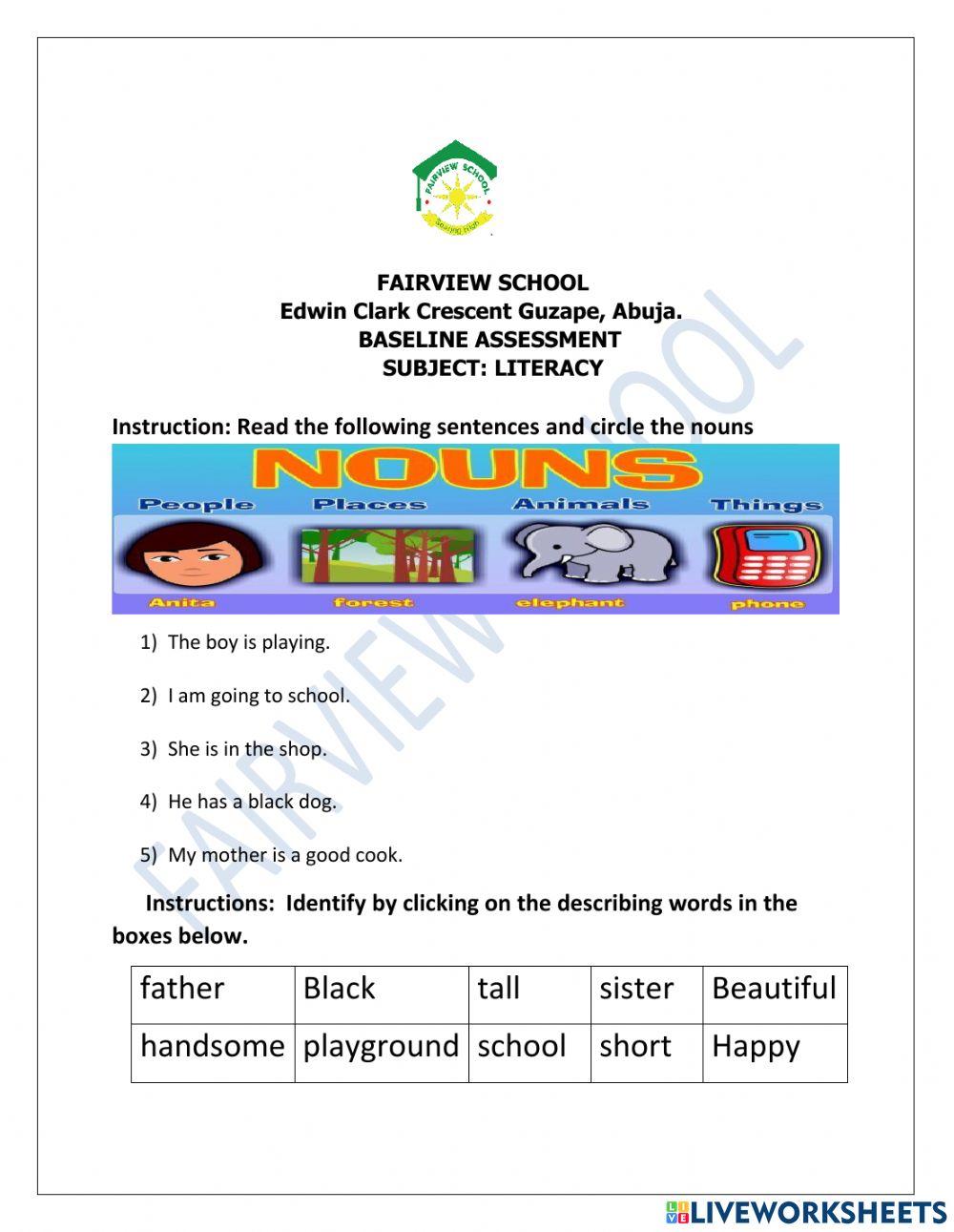 Fairview Year 1 Baseline Assessment interactive worksheet | Live Worksheets