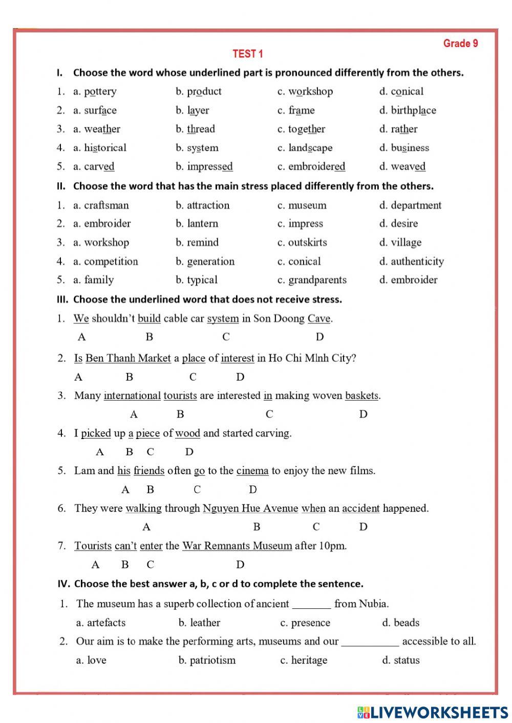 Grade 9 | Free Interactive Worksheets | 1344257