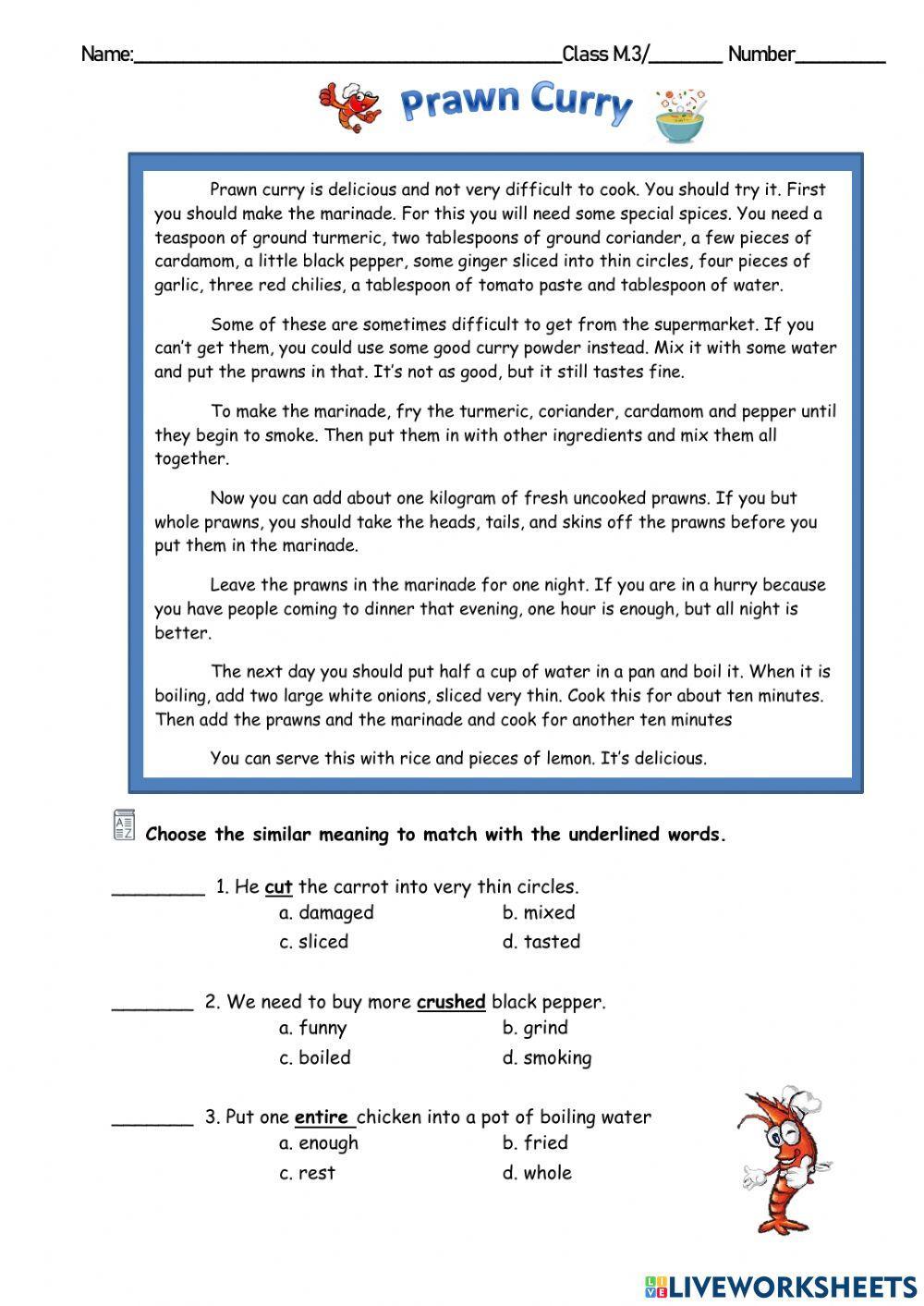 Prawns Curry worksheet | Live Worksheets