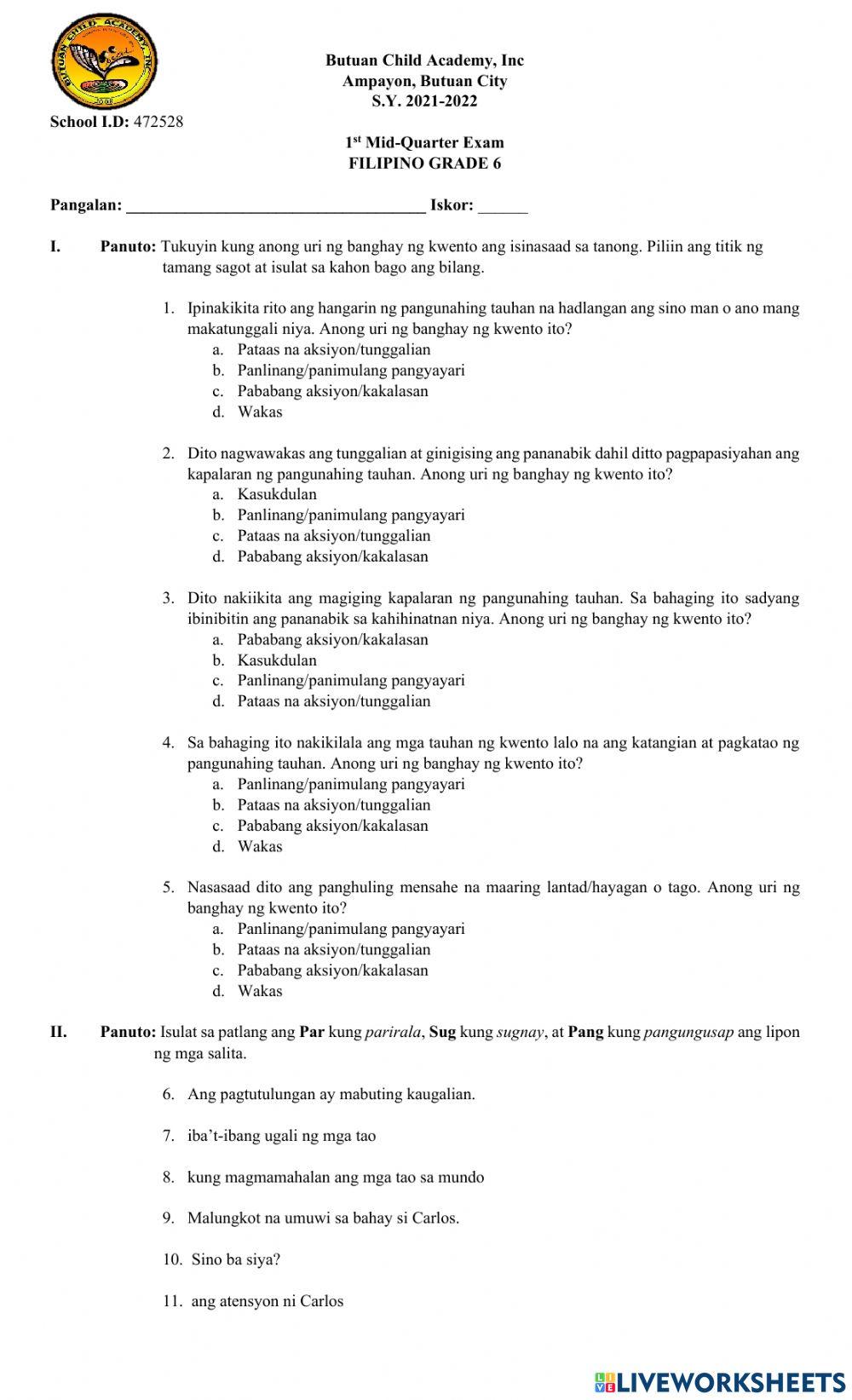 FILIPINO 6 online exercise for | Live Worksheets