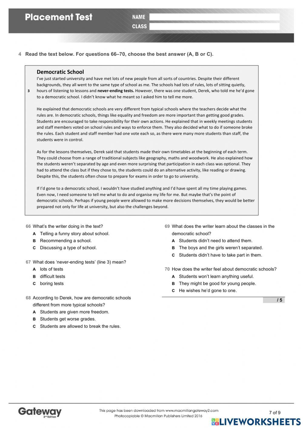 Placement test online exercise for | Live Worksheets