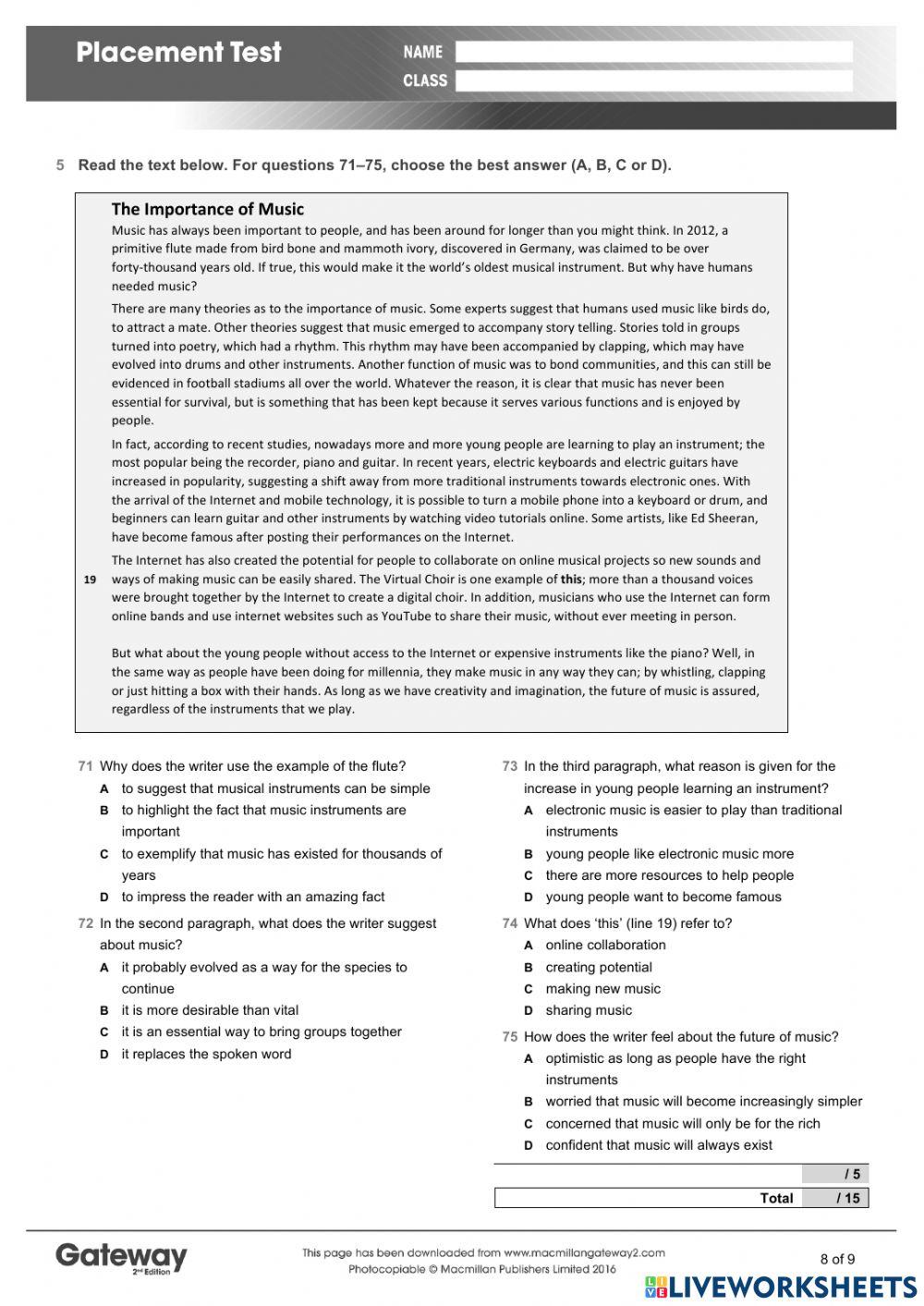 Placement test online exercise for | Live Worksheets