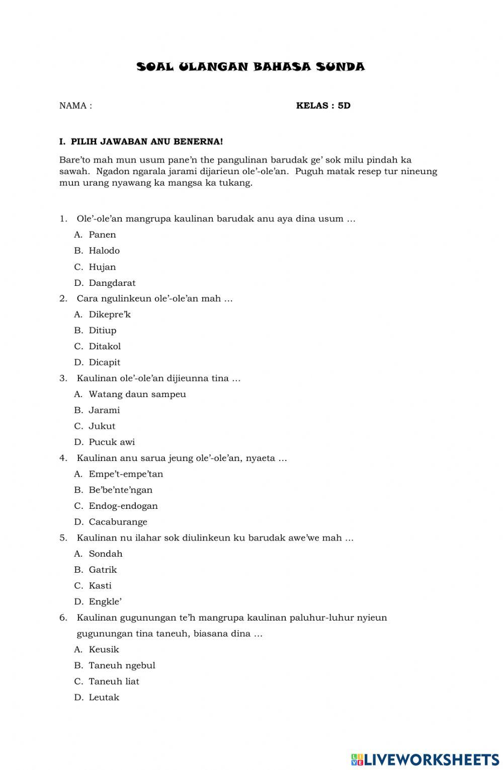 Ulangan bahasa sunda worksheet | Live Worksheets