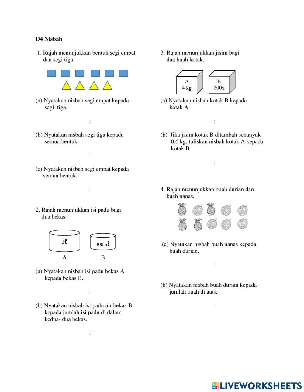 Matematik Tahun 4 : Nisbah worksheet | Live Worksheets
