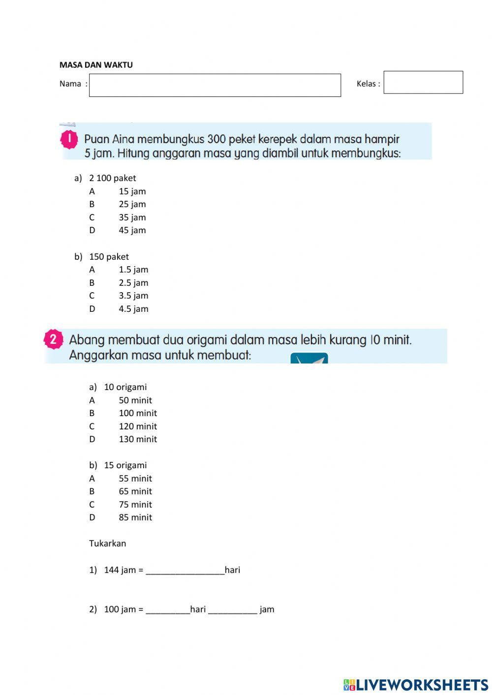 Matematik - Masa dan Waktu interactive worksheet | Live Worksheets