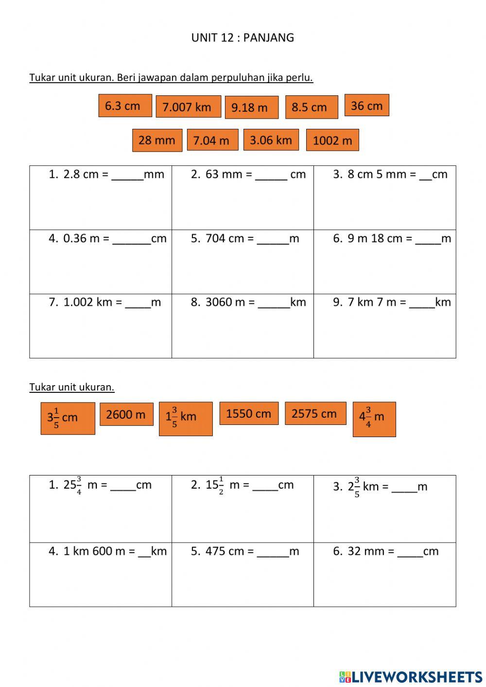 Unit Panjang exercise | Live Worksheets