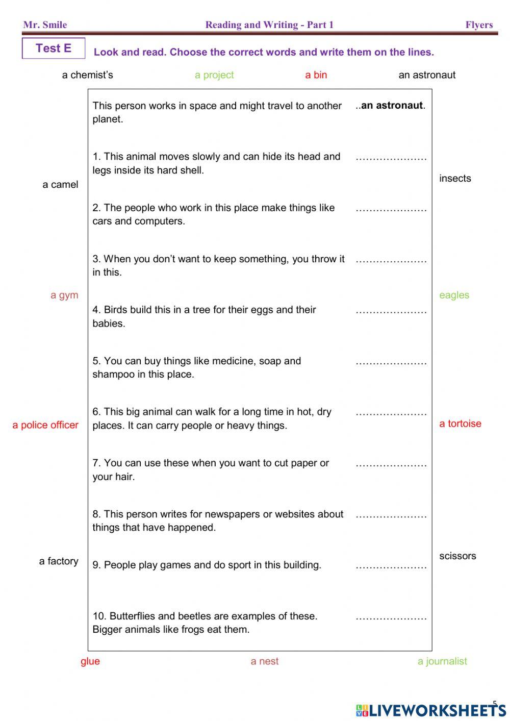 Flyers - Reading n Writing - Part 1 - Test E 3824189