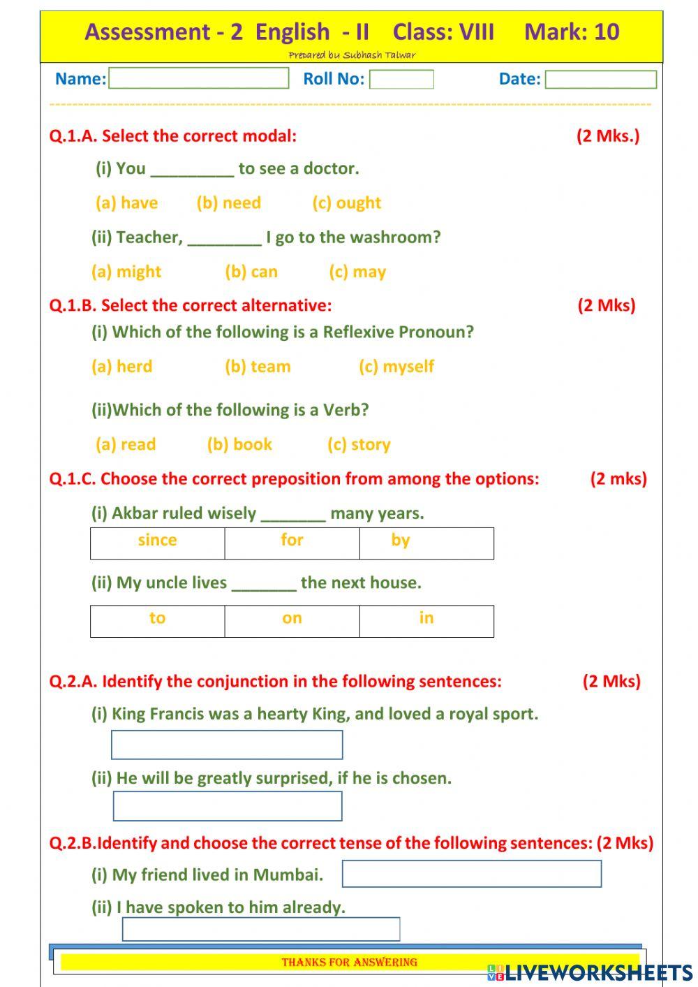 Assessment 2 En… | Free Interactive Worksheets | 1344101