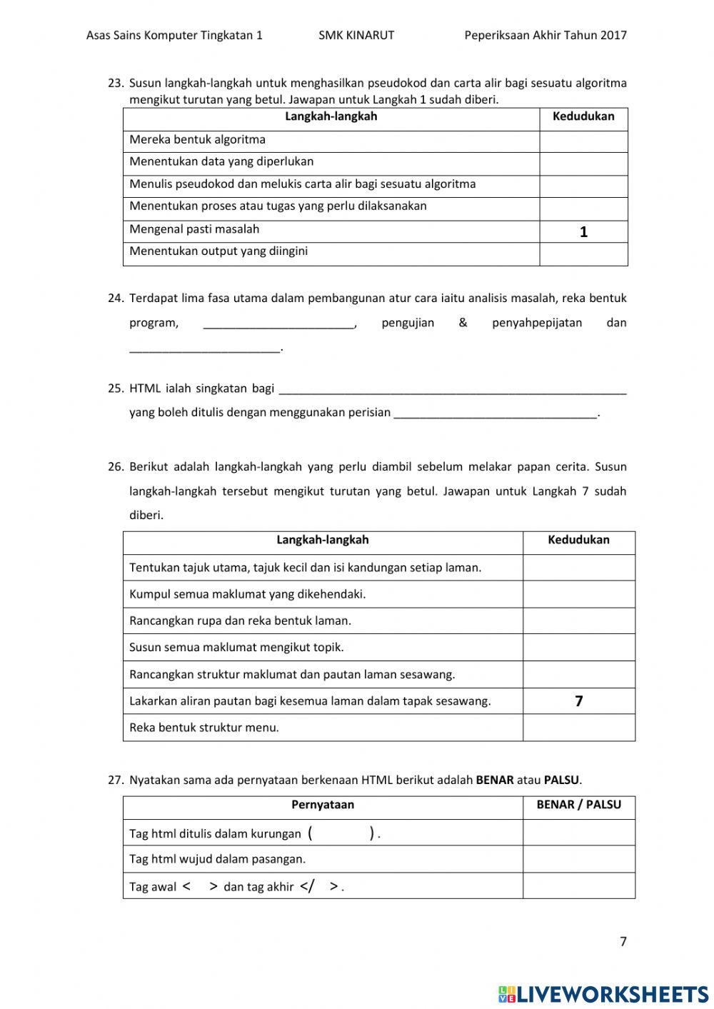 Ujian online exercise for Form1 | Live Worksheets