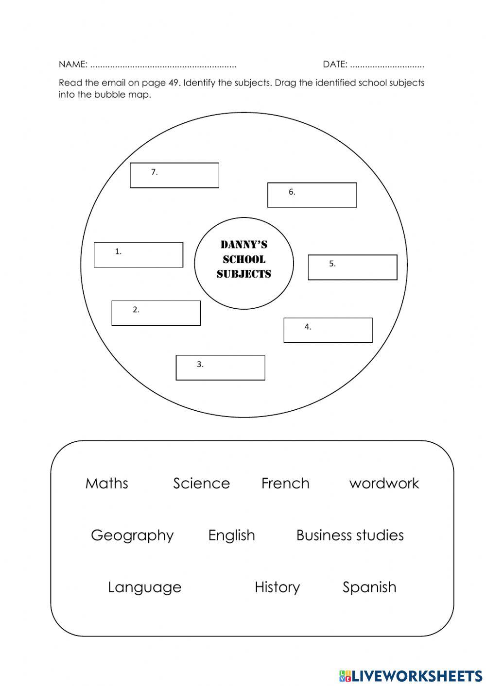 Bubble map danny's school subject worksheet | Live Worksheets