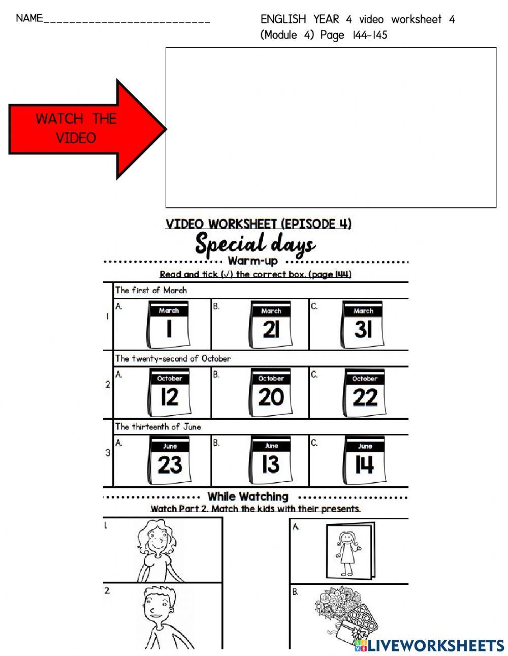 1414962 | Year 4 Video Worksheet 4 Module 4: Celebrations