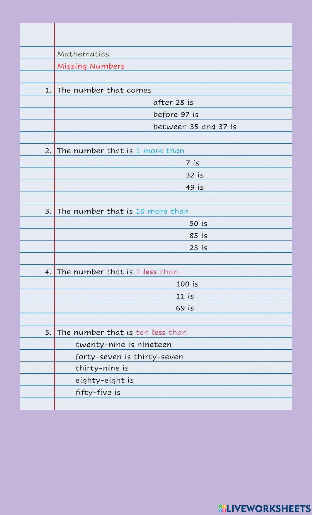 Missing numbers online worksheet for Std. 1 | Live Worksheets