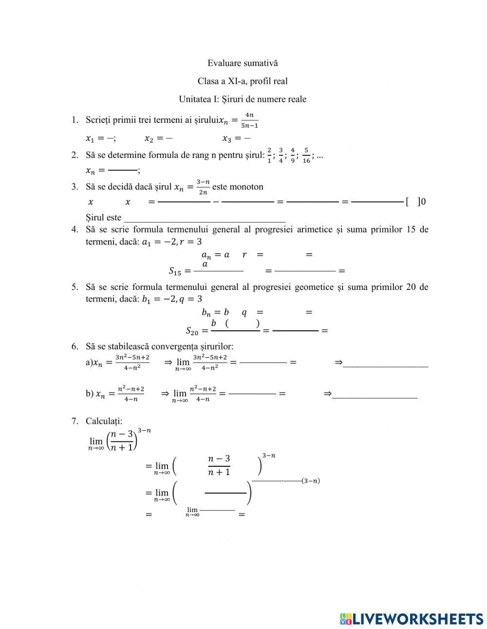 Siruri de numere reale worksheet | Live Worksheets