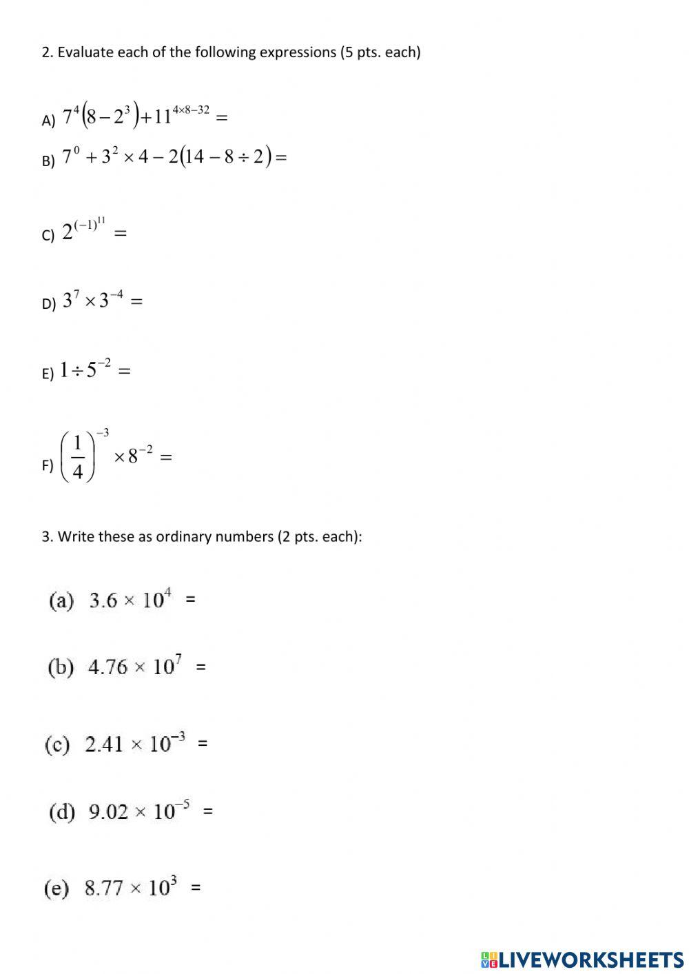 1415449 | Exponents Quiz | Mr_Kamil | LiveWorksheets