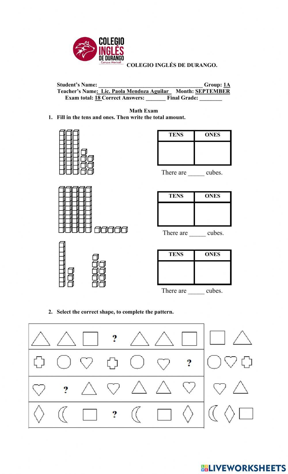 Math first grade exam 1415658 | Paola Mendoza Aguilar