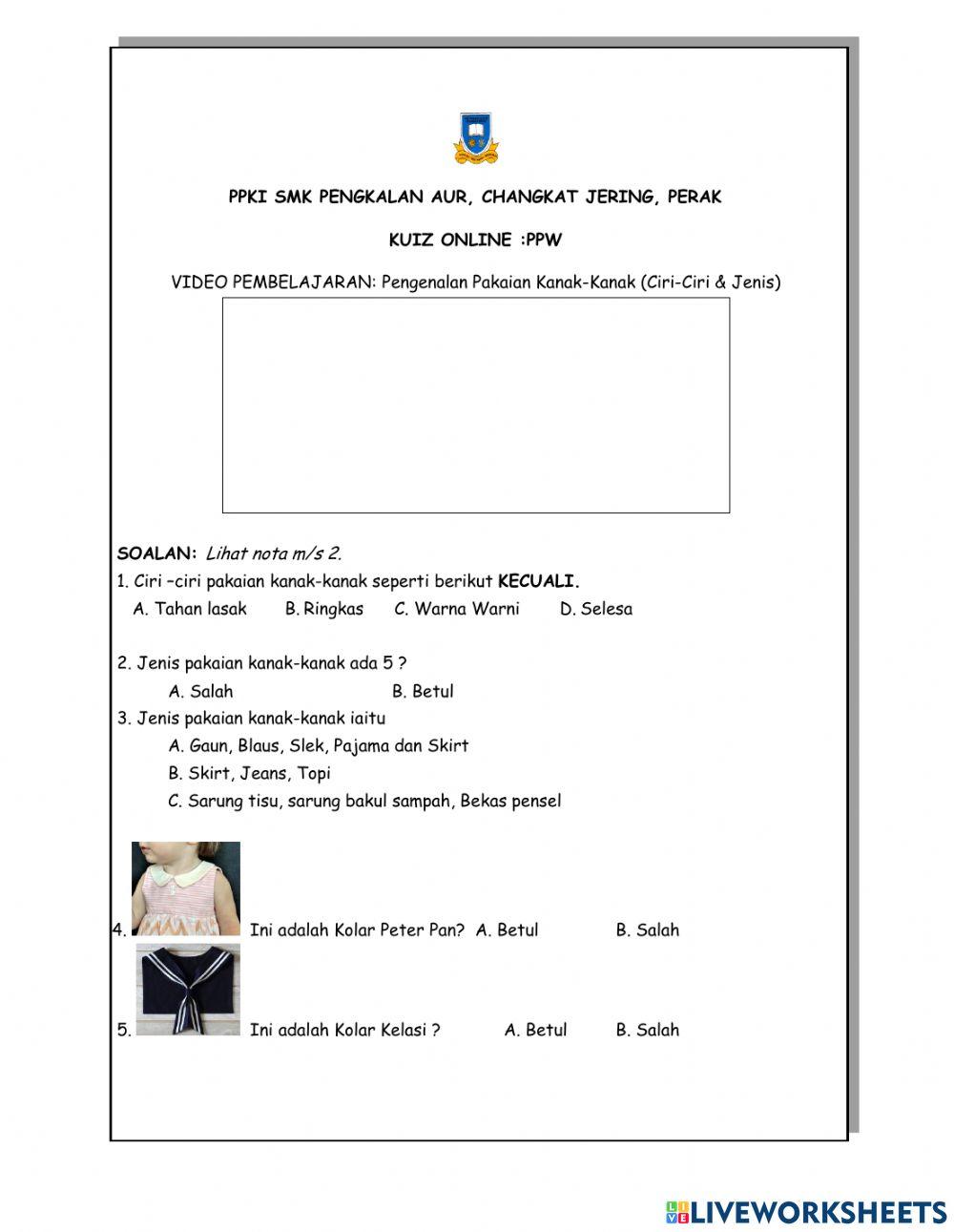 Jenis dan ciri pakaian kanak worksheet | Live Worksheets