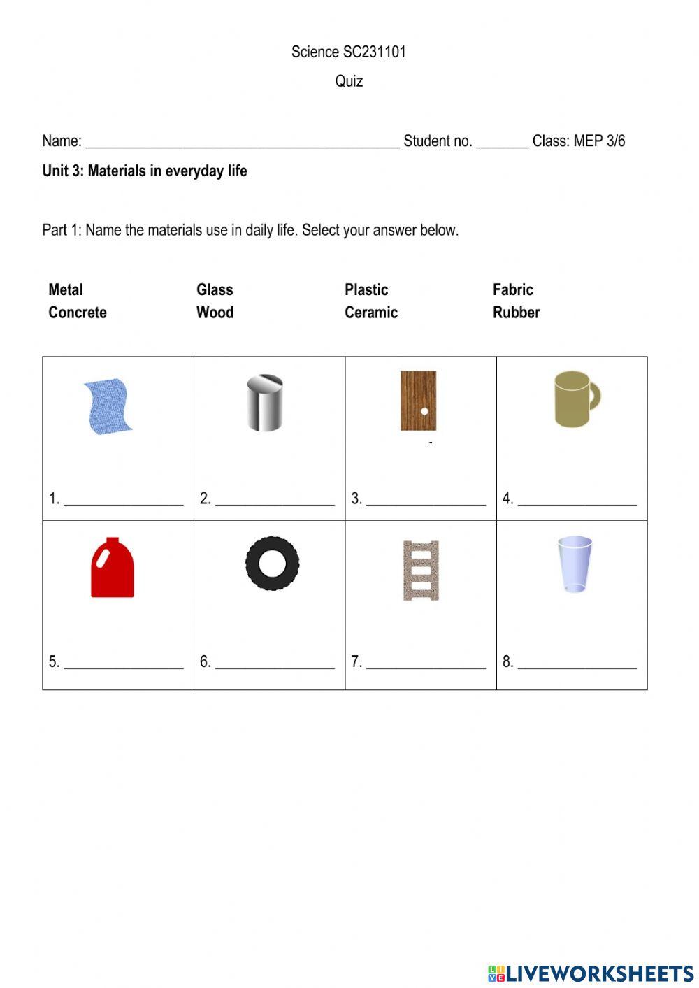 everyday materials worksheet