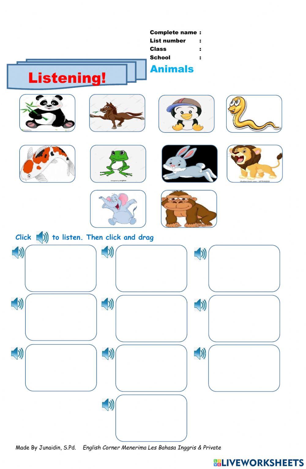 Listen animal drag and drop worksheet | Live Worksheets