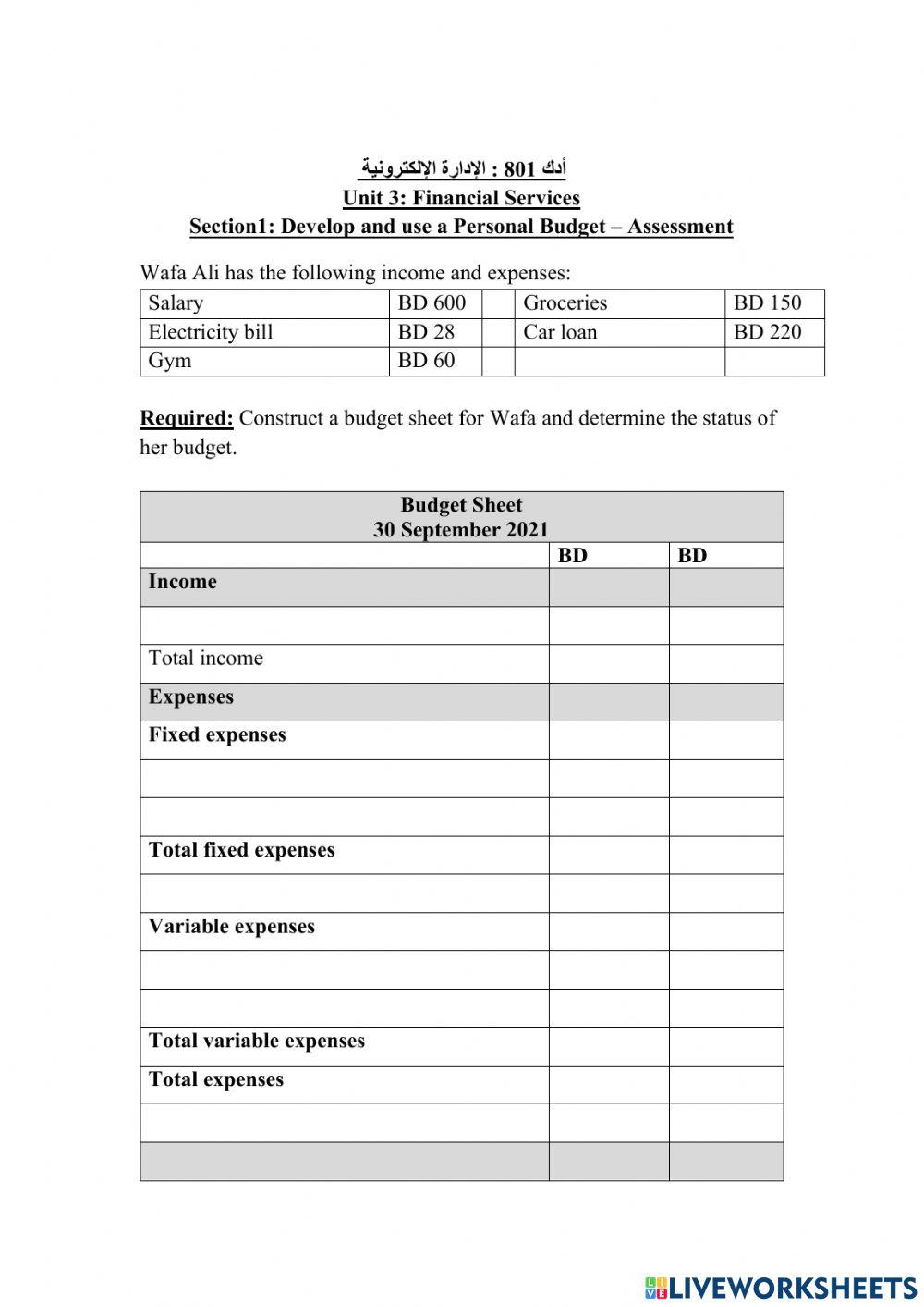 Budgeting- Assessment Exercise worksheet | Live Worksheets