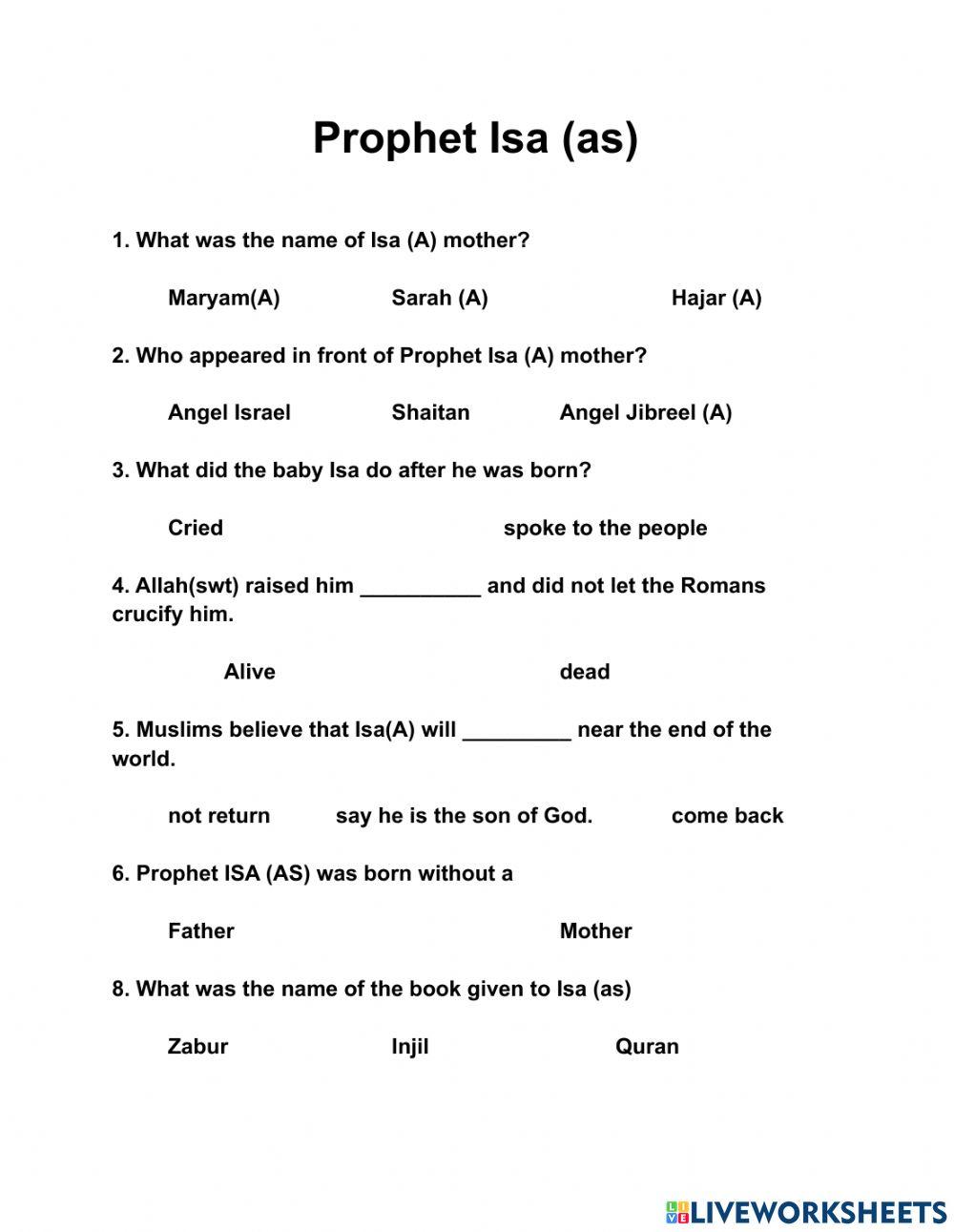 Prophet Isa (As) | Free Interactive Worksheets | 1416602