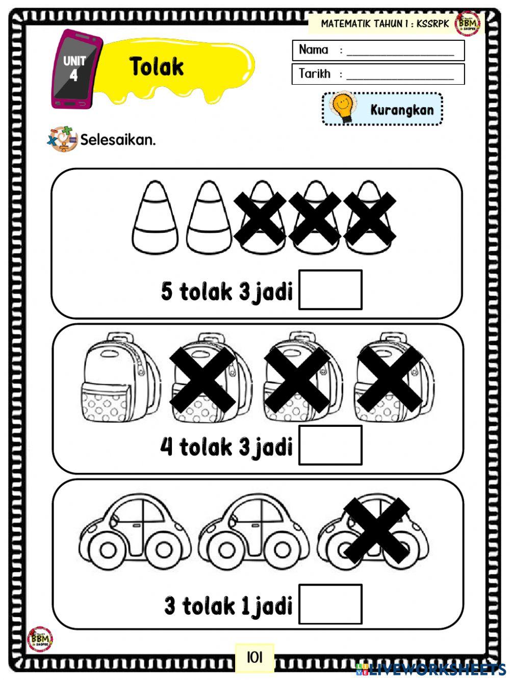 Tolak interactive exercise for 1 | Live Worksheets