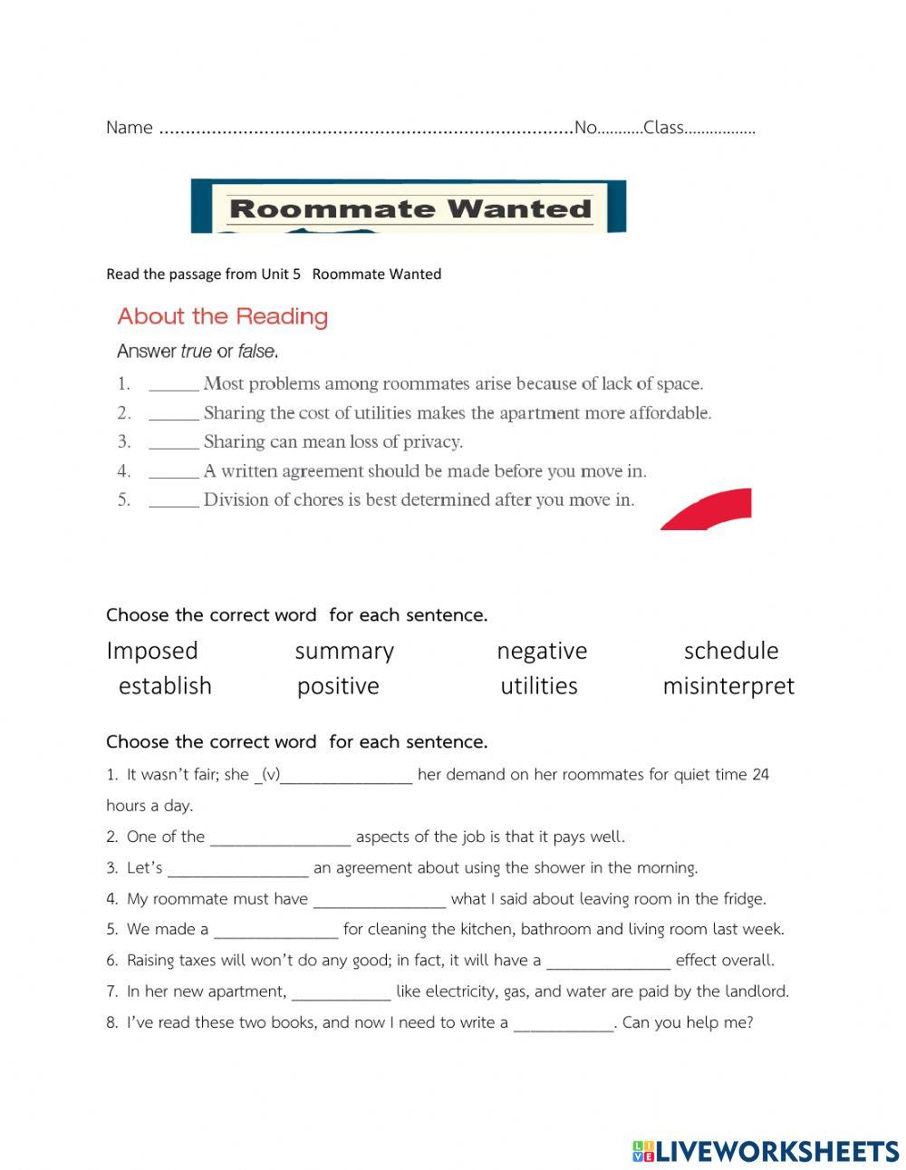 Reading Unit 5 Roommate wanted 4165255 | Ratcha070707