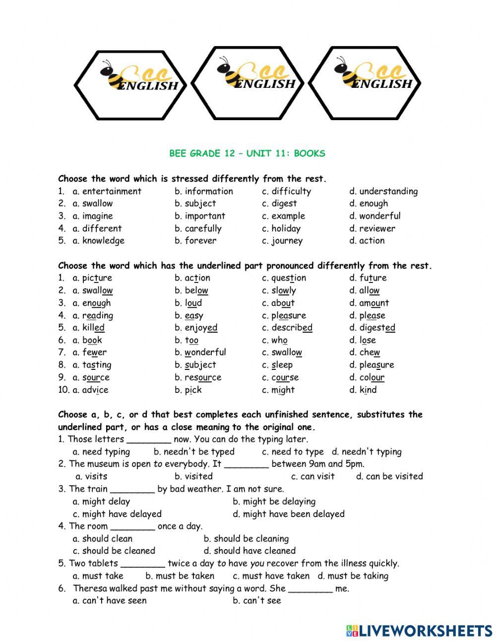 Bee English Grade 12 interactive exercise for 12 | Live Worksheets